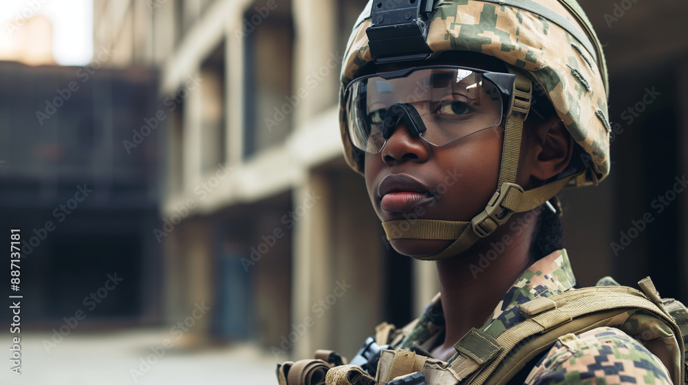 An African American black female military soldier uses a wearable AI ...