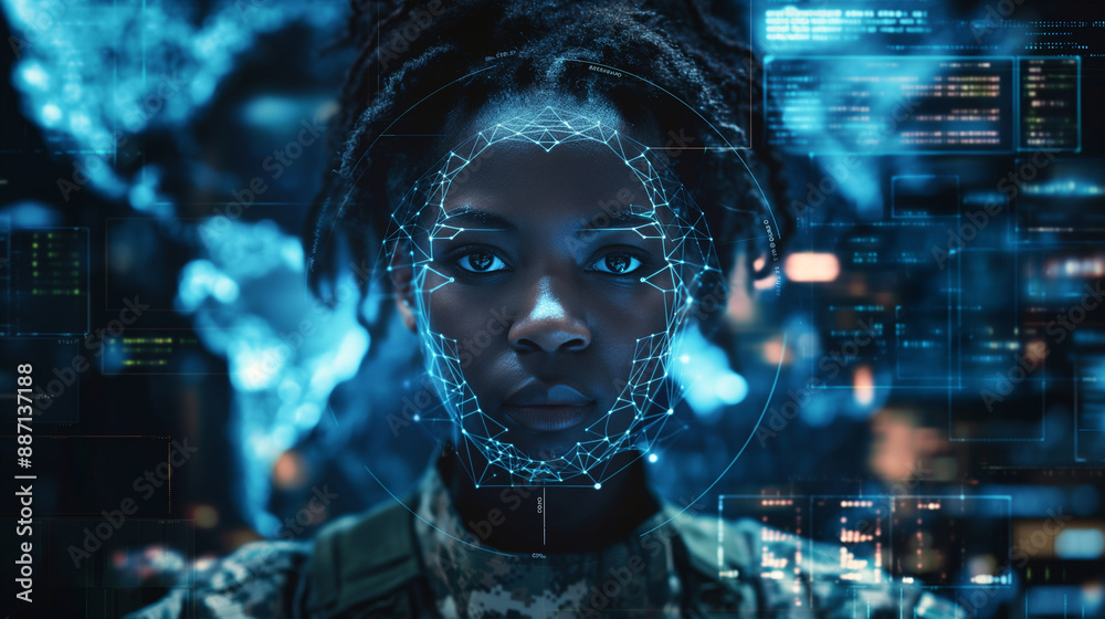 Surrounded by digital maps and AI interfaces, an African American black ...