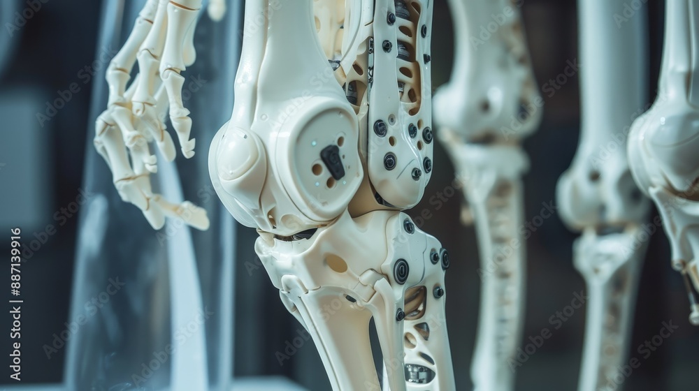 Detailed close-up of anatomical bone structure with joints and screws ...