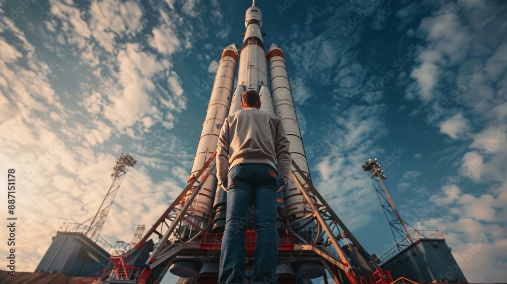 Standing proudly in front of a massive rocket, an aerospace engineer ...