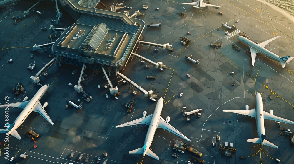 Aerial View of a 3D Commercial Airport Render with Airplanes, Passenger ...