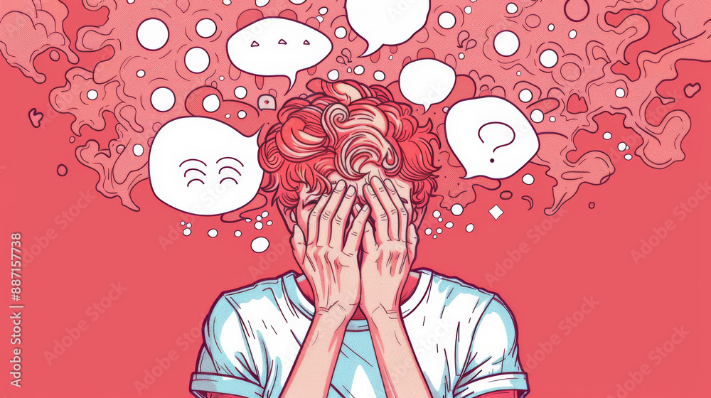 illustration of a distressed person covering his face, surrounded by ...