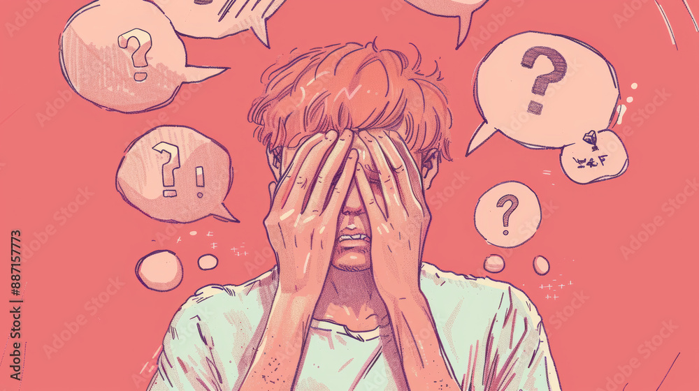 illustration of a distressed person covering his face, surrounded by ...