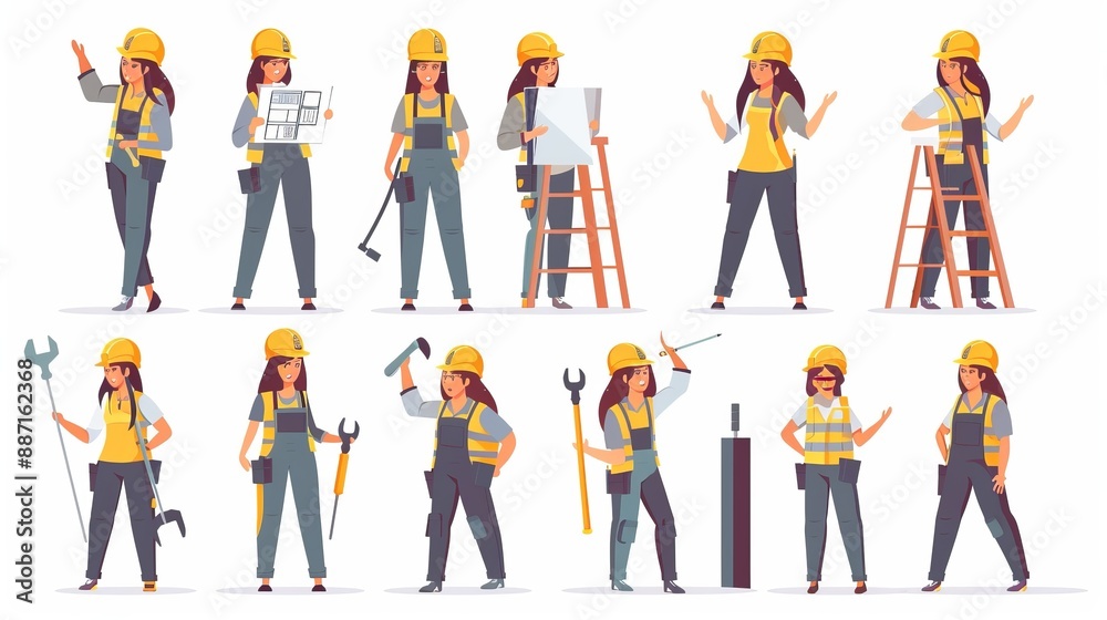 Illustration featuring diverse women in construction roles, holding ...