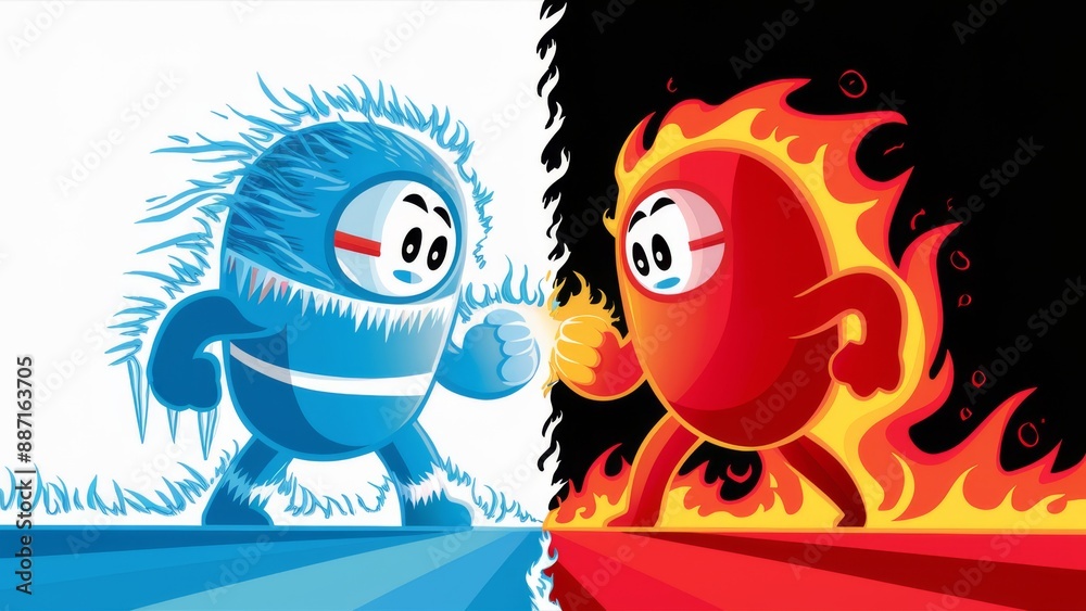 Two cartoon characters are fighting each other in a red and blue color ...
