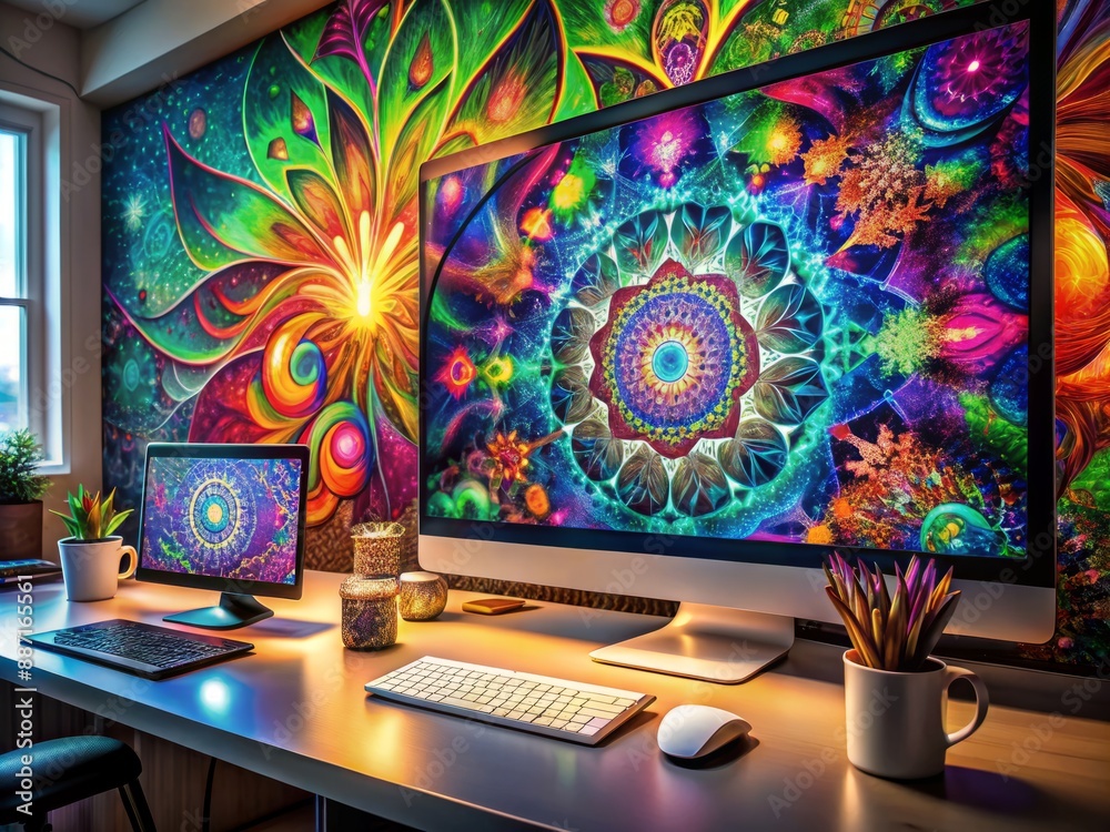 Colorful graphics and psychedelic patterns fill the screen as a digital ...