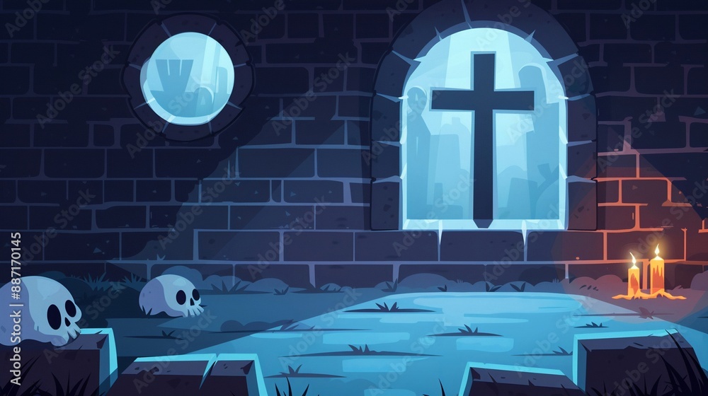 An ancient, crumbling crypt with cobwebs, skeletons, and ghostly ...