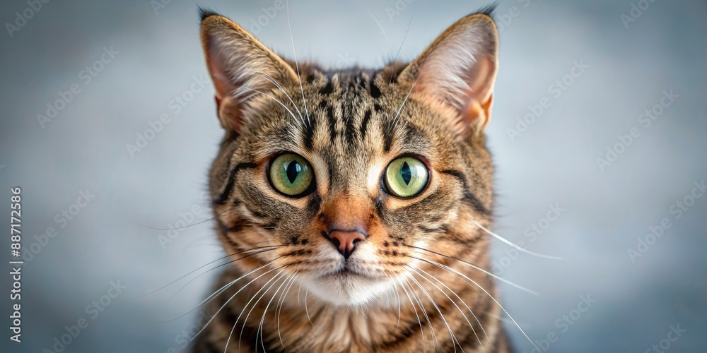 Adorable tabby cat's wide eyes and scrunched face convey confusion and ...