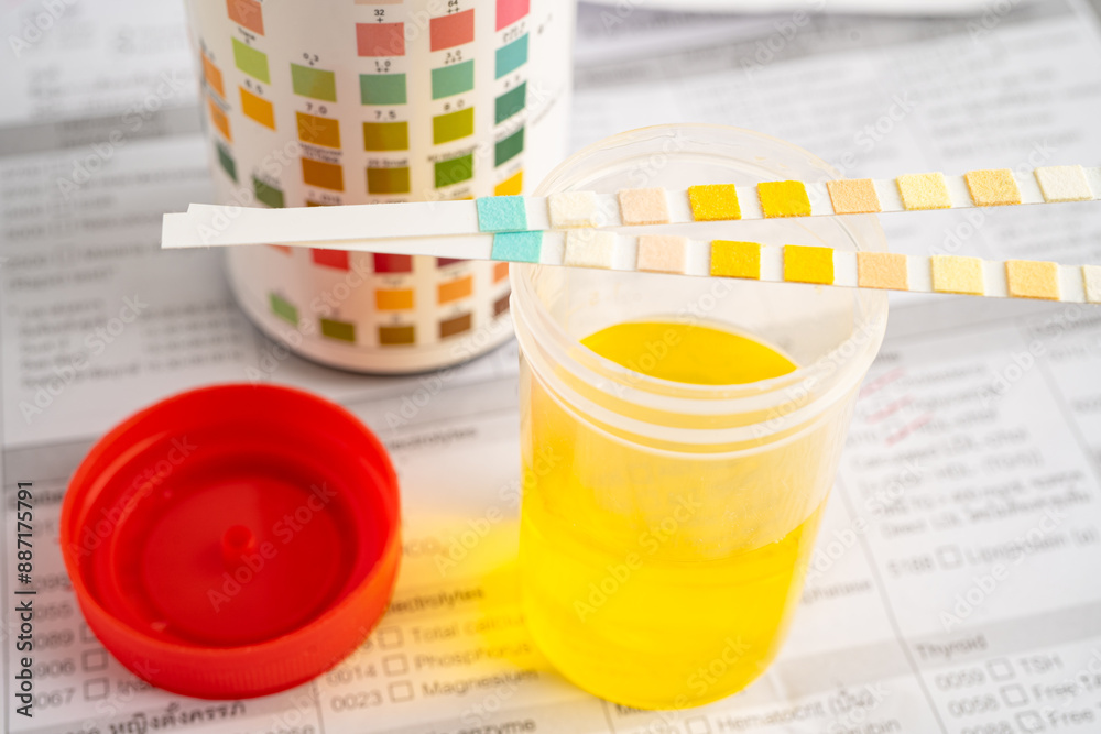Urinalysis, urine cup with reagent strip pH paper test and comparison ...