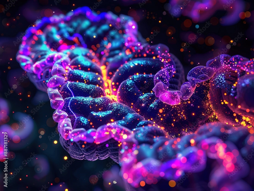Radiant human digestive system, glowing intestines with neon particles ...