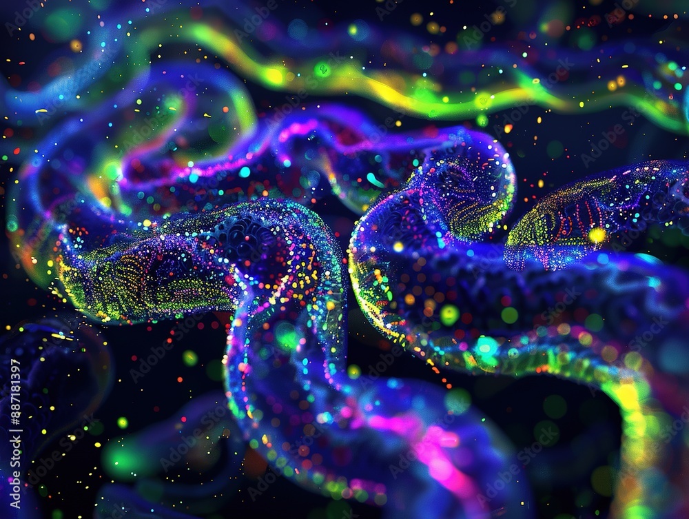 Radiant human digestive system, glowing intestines with neon particles ...