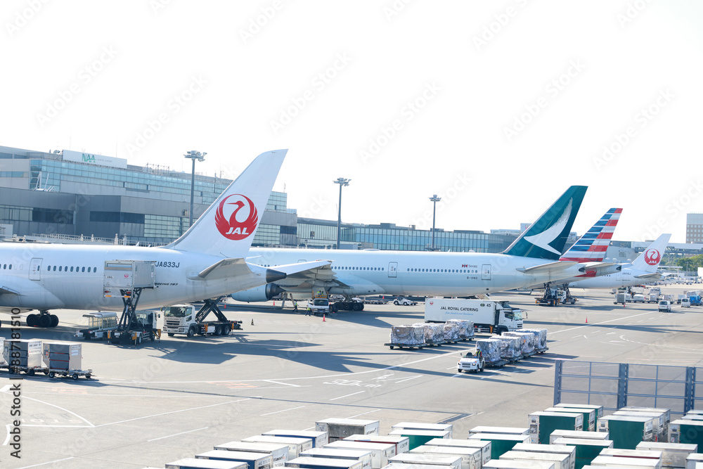 Tokyo 25 May 2023: JAL airline park in Haneda Airport. JAL airline is ...