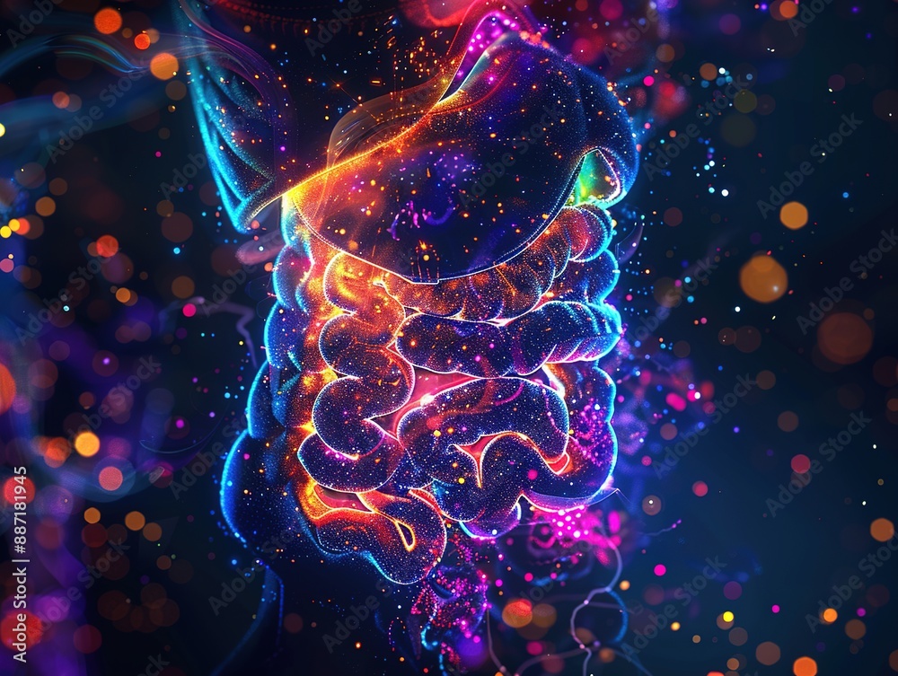 Radiant human digestive system, glowing intestines with neon particles ...
