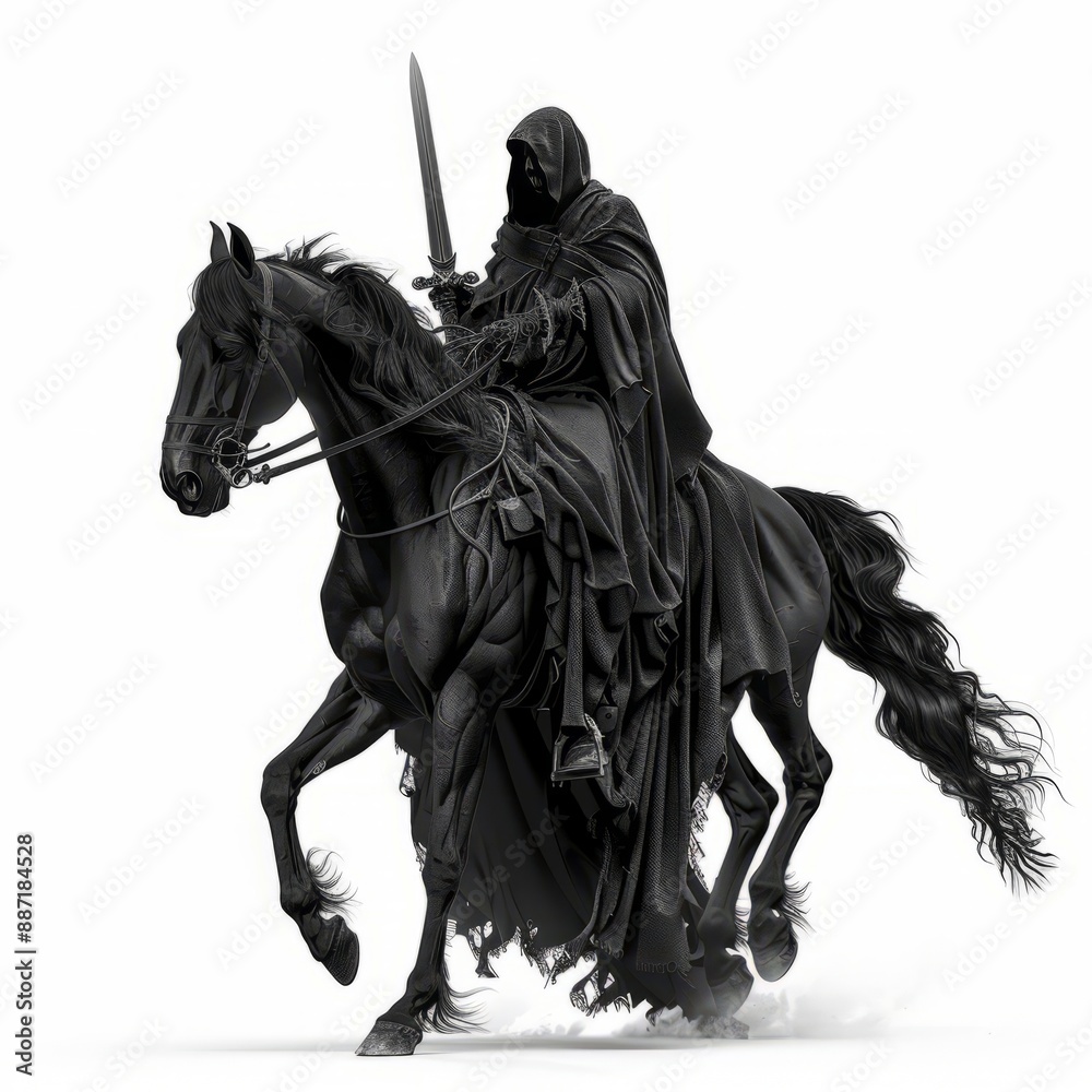 Hyper realistic grim reaper riding a black horse front view Stock ...
