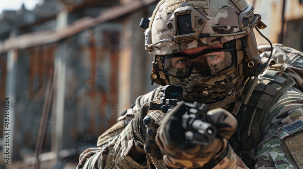 Delta Force operative in urban camo gear conducting a silent approach ...