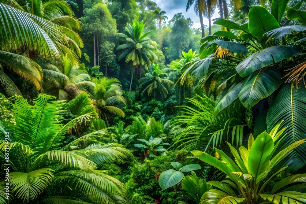 tropical jungle, vibrant jungle with lush green foliage, exotic plants ...