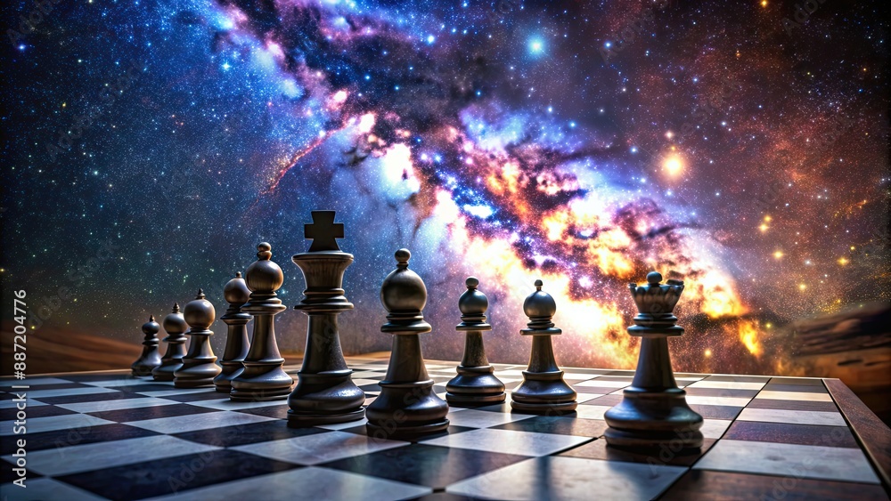 Chess pieces on a board with a stunning starry night sky in the ...
