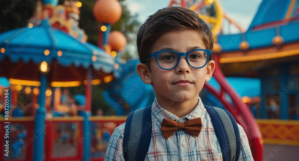 nerd kid boy in theme park background banner photo design with copy ...