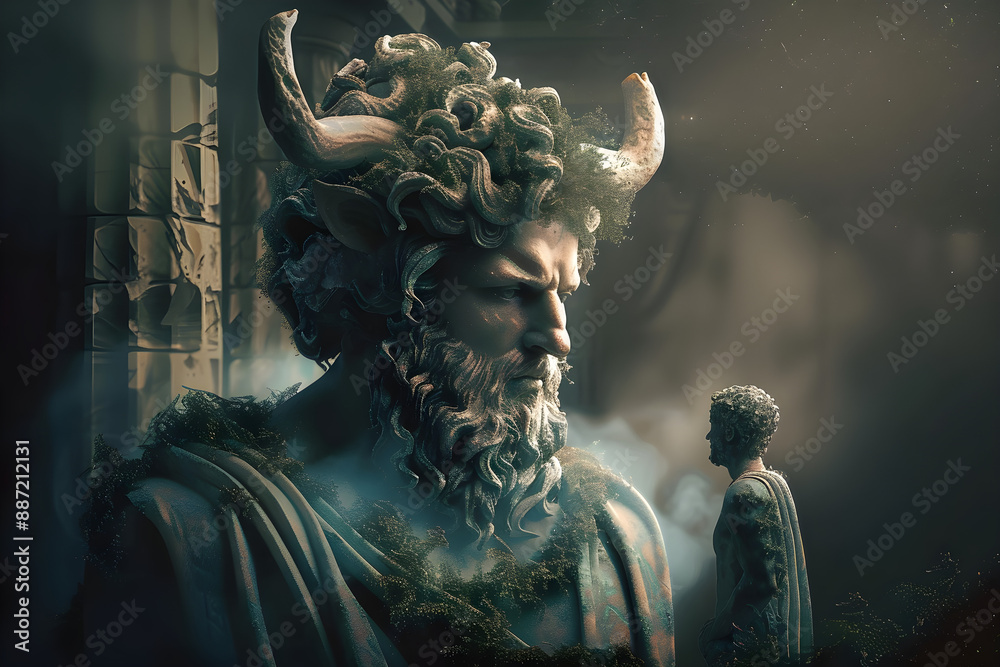 Ancient mythological statues with horns and detailed beards, set ...