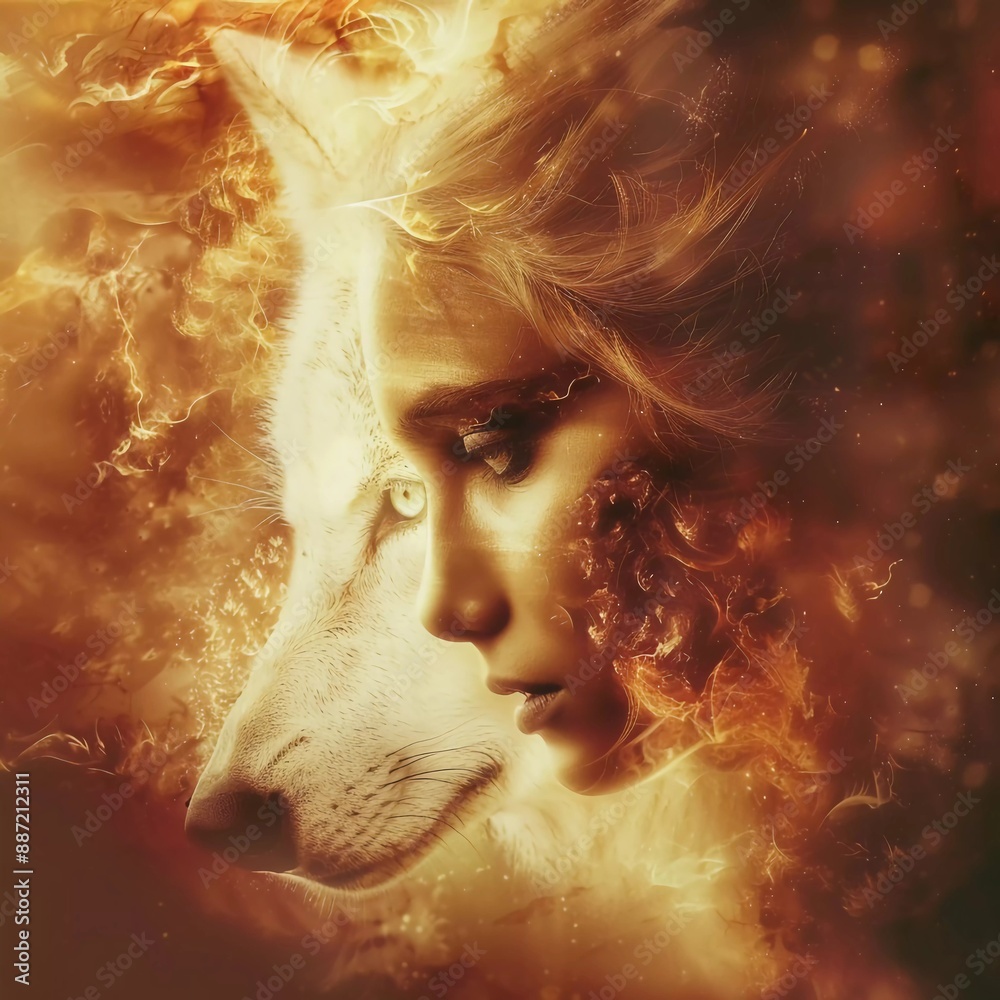 Wolf woman. Spiritual totem guide. Conceptual image of a wolf and a ...