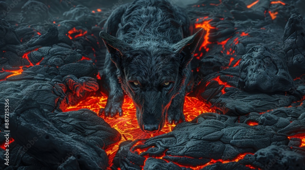Fierce black wolf standing on molten lava rocks, with glowing eyes in a ...