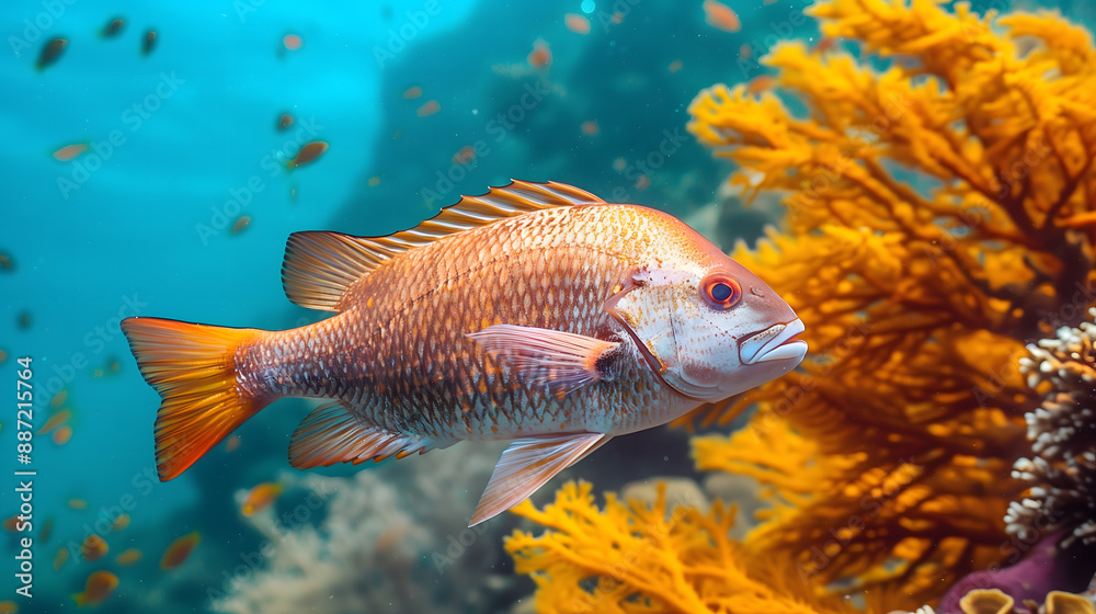 Powder Brown Fish swimming in the ocean Below is a beautiful coral reef ...