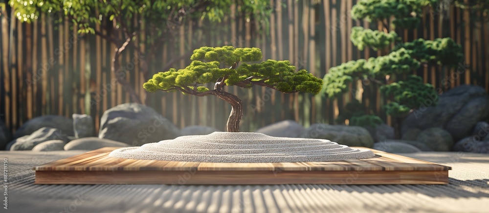Bamboo Platform in a Zen Garden A minimalist bamboo platform set in a ...