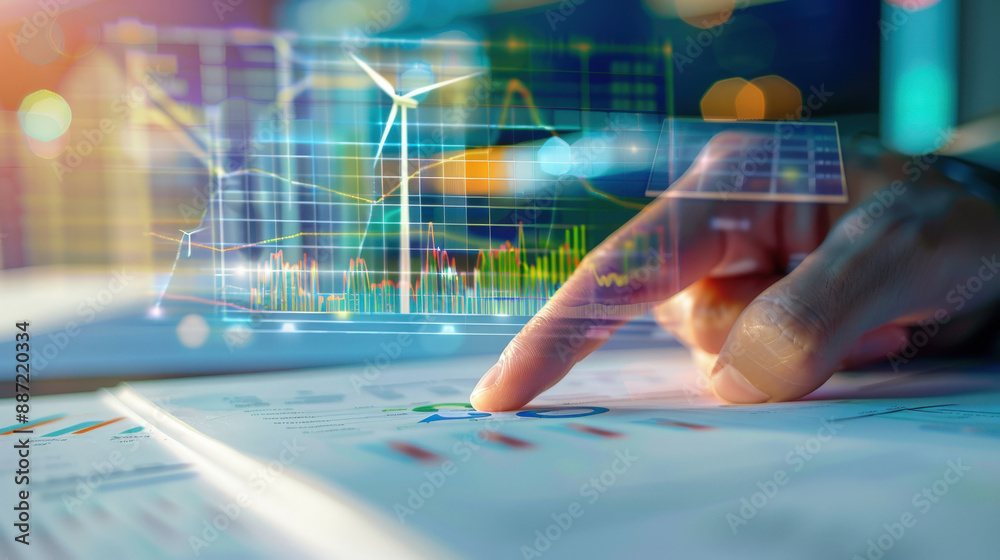 Close-up of a hand pointing at financial data with overlay of wind turbine and graphical charts ...