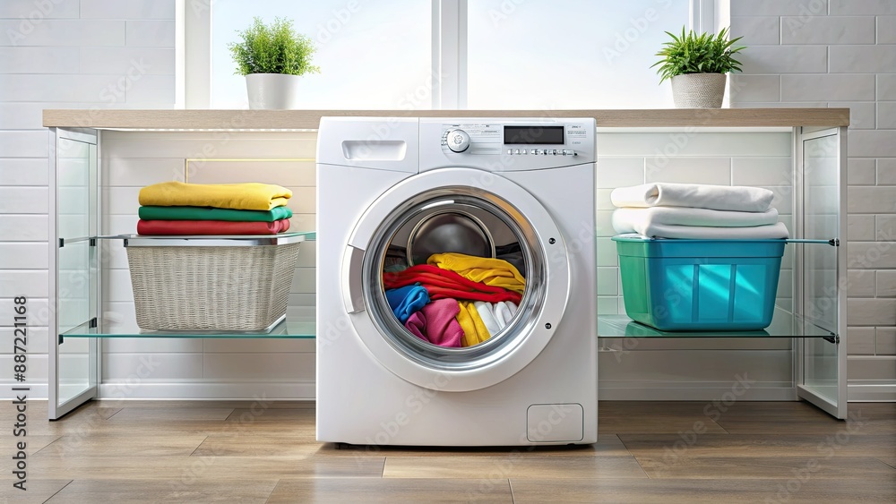 Modern white washing machine with transparent lid open, filled with ...