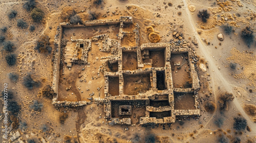 Aerial photograph of ancient circular ruins in a desert landscape ...