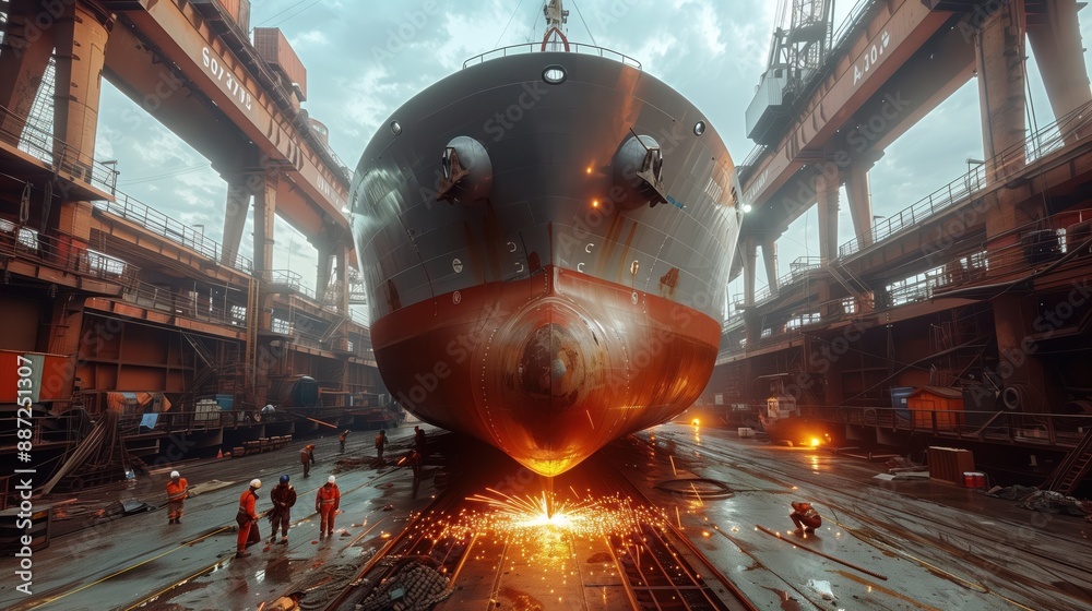 Shipbuilding Process in Dry Dock. Large ship being constructed in a dry ...