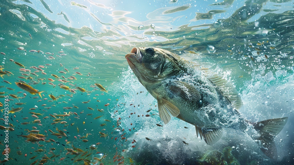 a swarm of small fish surrounding and ambushing a single large fish ...