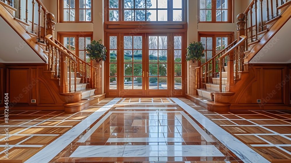 Welcoming entry interior with large wooden and glass doors hardwood and ...