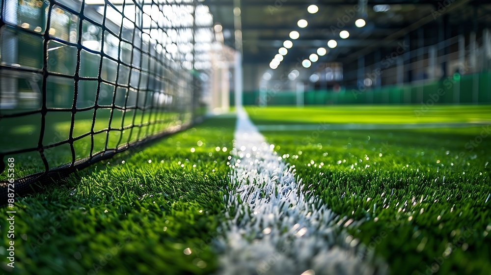 Soccer goal net on indoor soccer field with white border on artificial ...