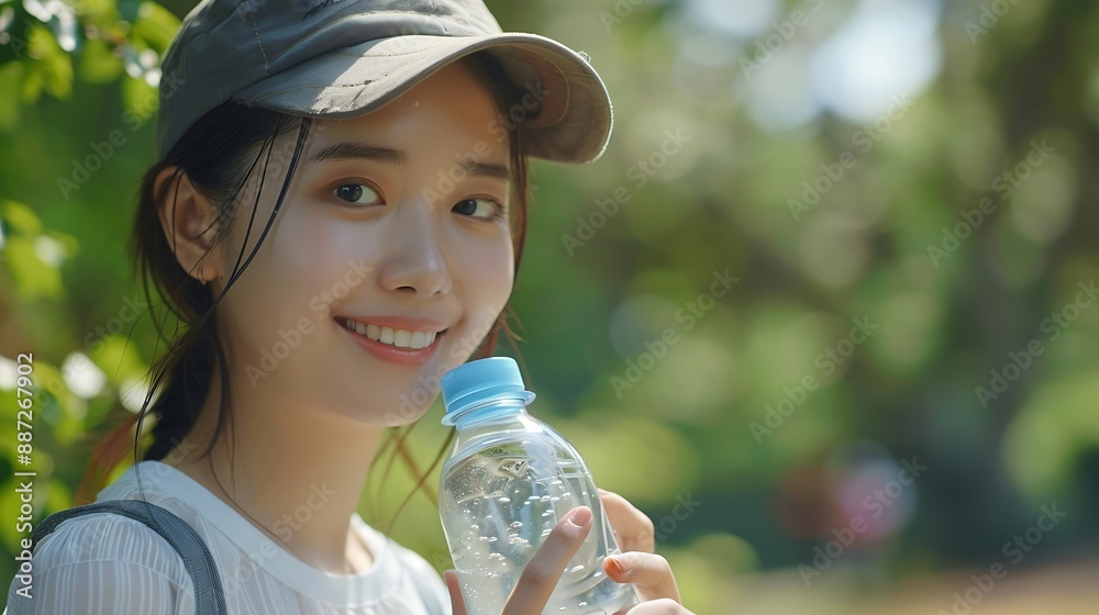 Young Woman Drinking Water bottle outdoor park traveler Asian female ...