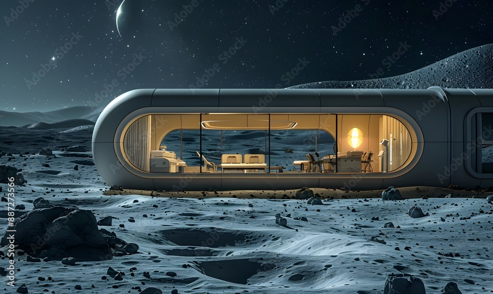 Architectural detail of a lunar base laboratory with panoramic windows ...