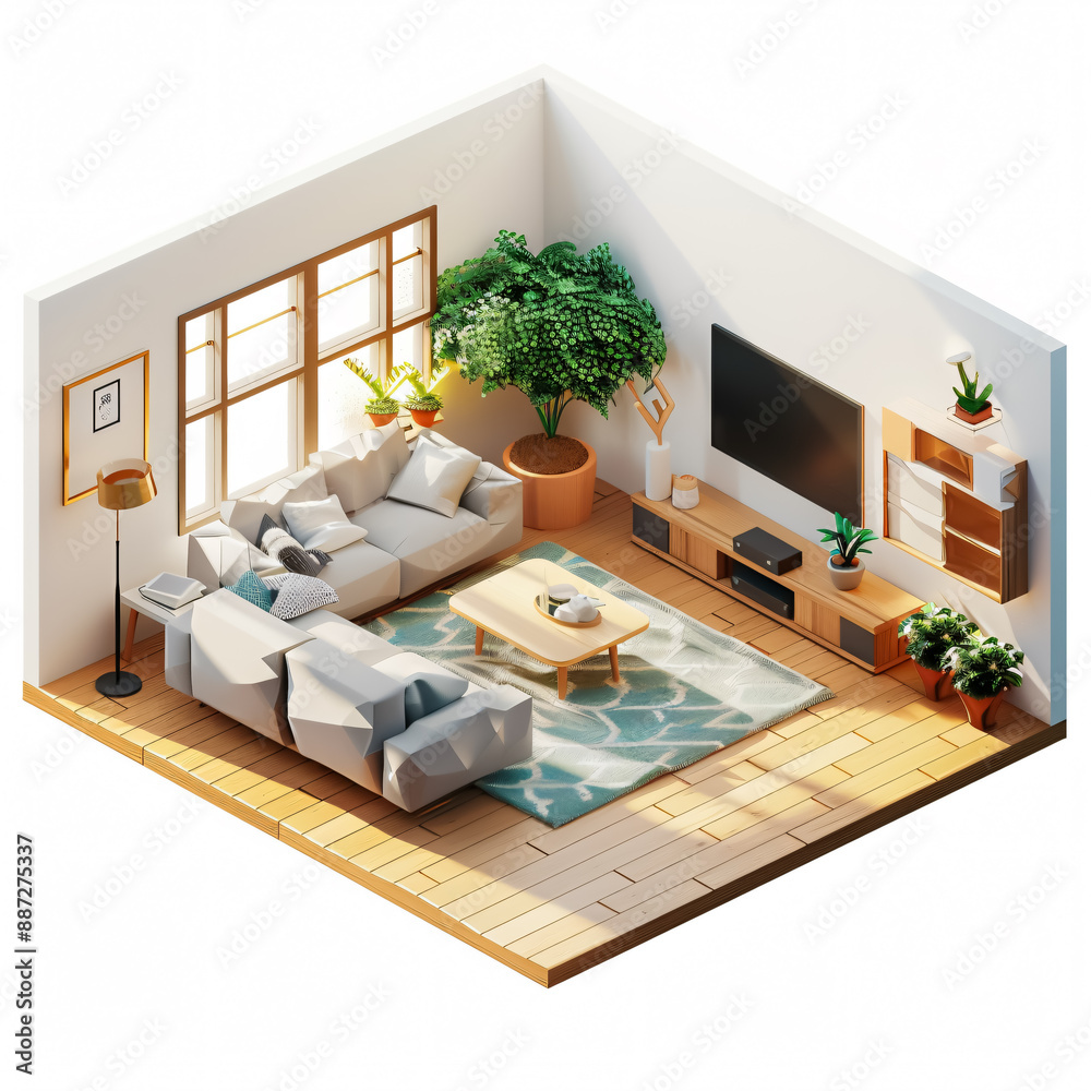 Contemporary style living room, cutaway isometric low poly art, 3d with ...