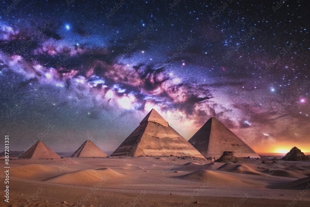 Stunning nighttime panorama of the Great Pyramids of Giza under the ...