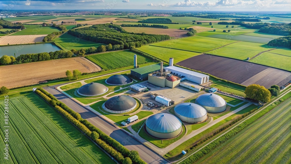 Aerial view of biogas plant and farm in fields, showcasing renewable energy from biomass and ...