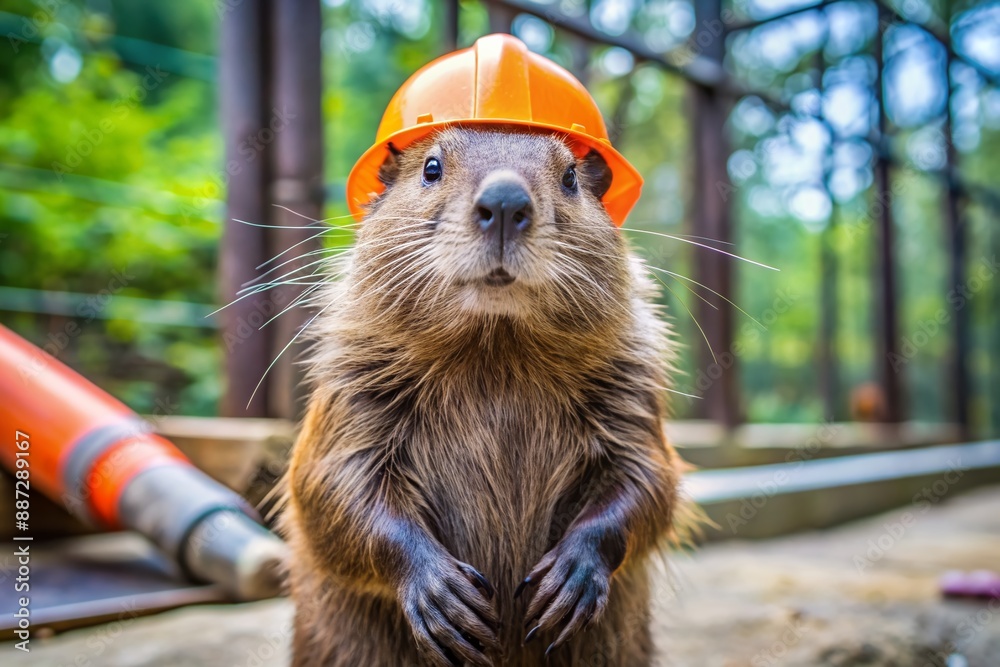 A determined beaver stands proudly in its bright orange hard hat, ready ...