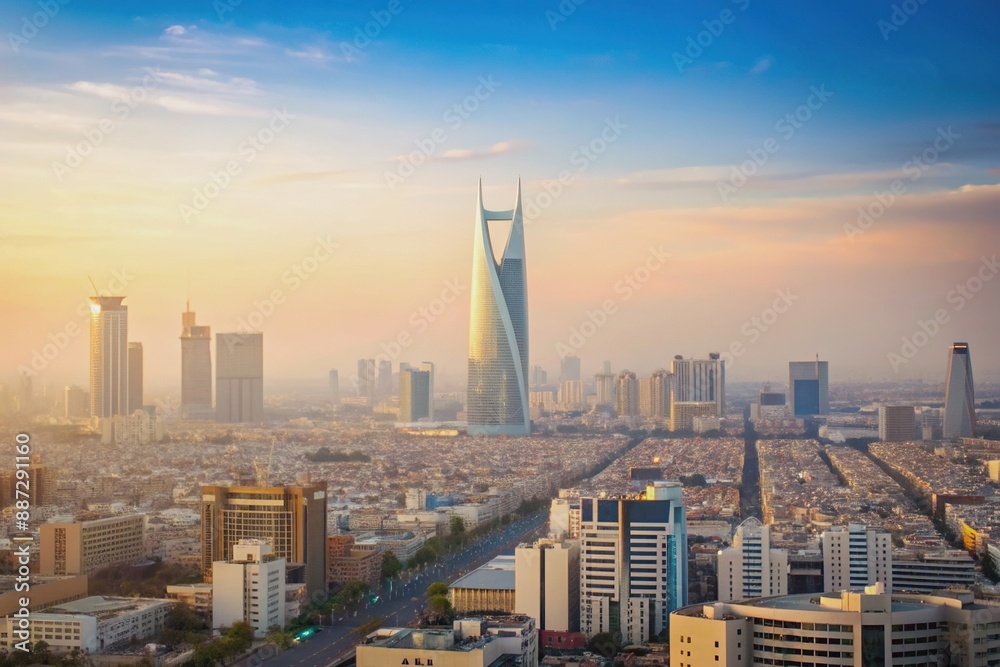 Riyadh skyline at mourning with view of Kingdom Tower and Kingdom ...