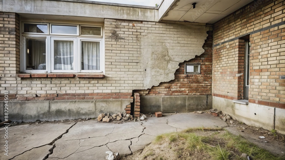 Cracked foundation and deteriorating brick wall of residential building ...