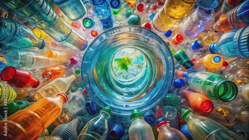 vibrant surreal view inside vortex of swirling plastic bottles and ...