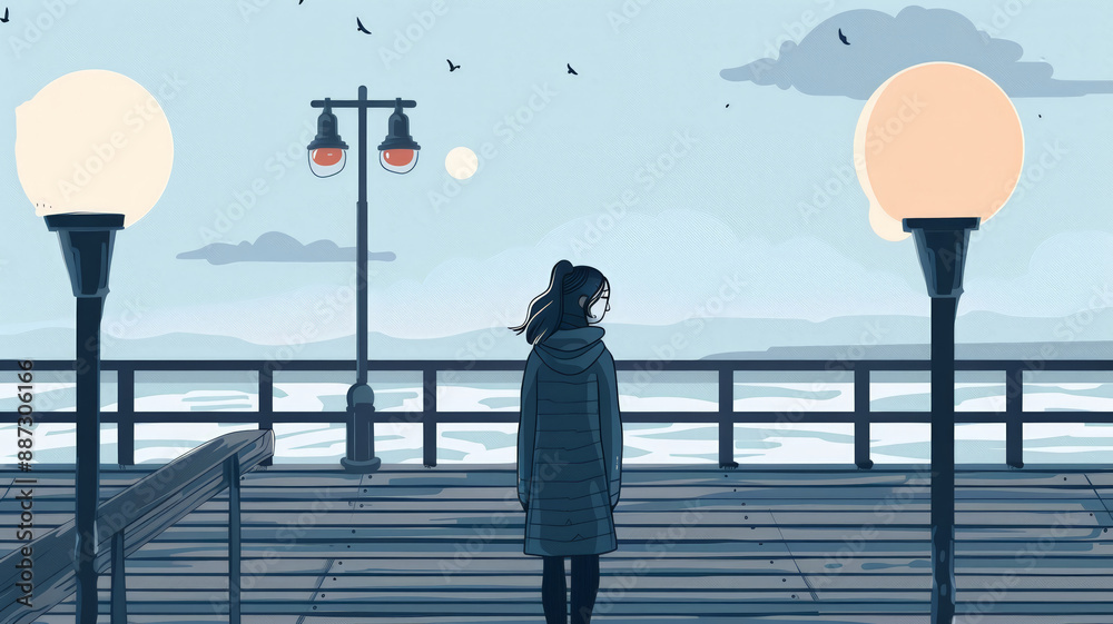 Sad woman at a boardwalk vector white background 157 water, woman, sea ...