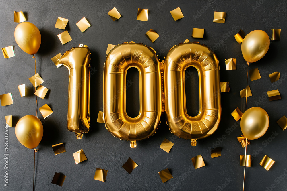 large number 100 of balloons and confetti are scattered on a black ...