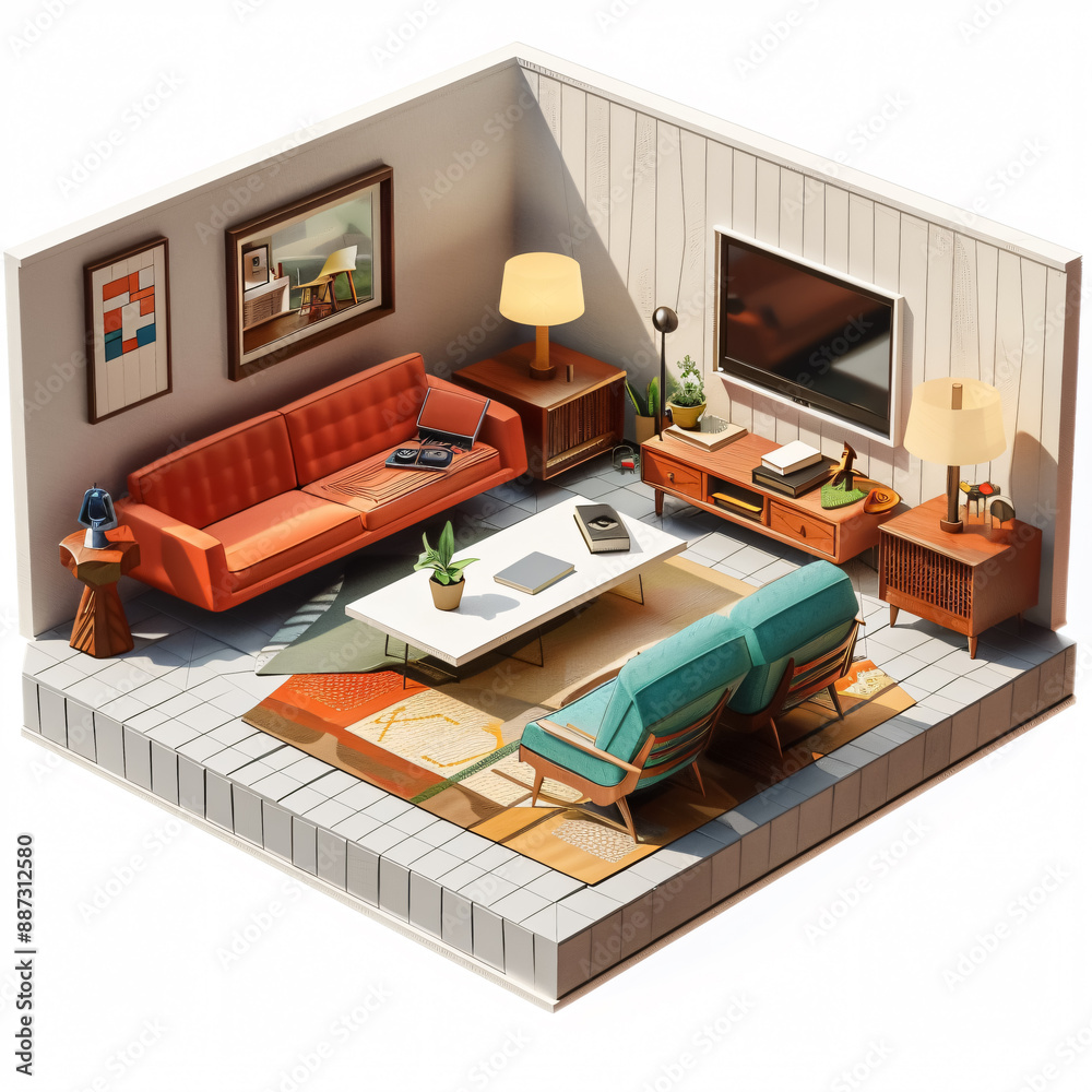 Mid-century modern style living room, cutaway isometric low poly art ...