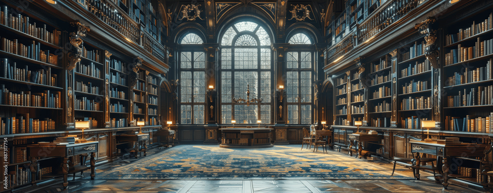 Historic European Library with Old Books and Manuscripts in a Grand ...