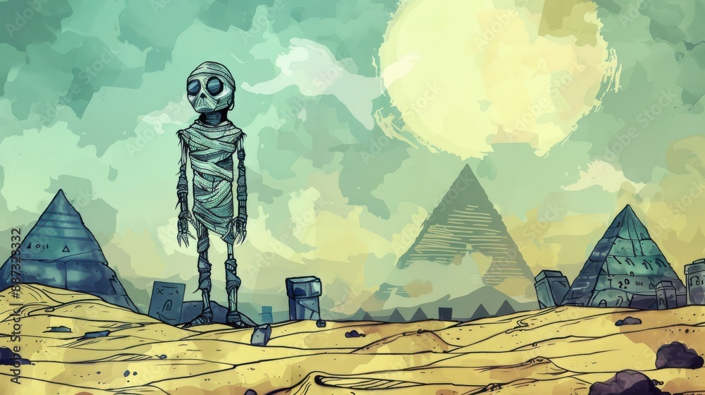 Surreal illustration of a mummy in a desert with pyramids under the sun ...