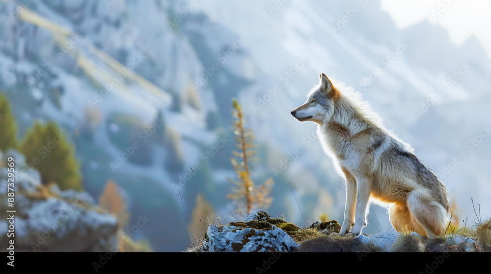 Majestic gray wolf standing tall and alert on a rocky mountain outcrop ...