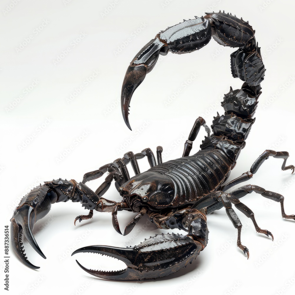 An emperor scorpion featuring a dark exoskeleton with large pincers and ...